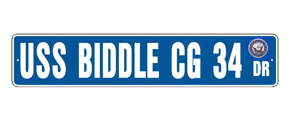 USS BIDDLE CG 34 Aluminum Street Sign Blue / White 6" x 30" Military U